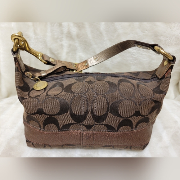 Coach | Bags | Coach Signature Brown Canvas Small Hobo Baguette Bag ...